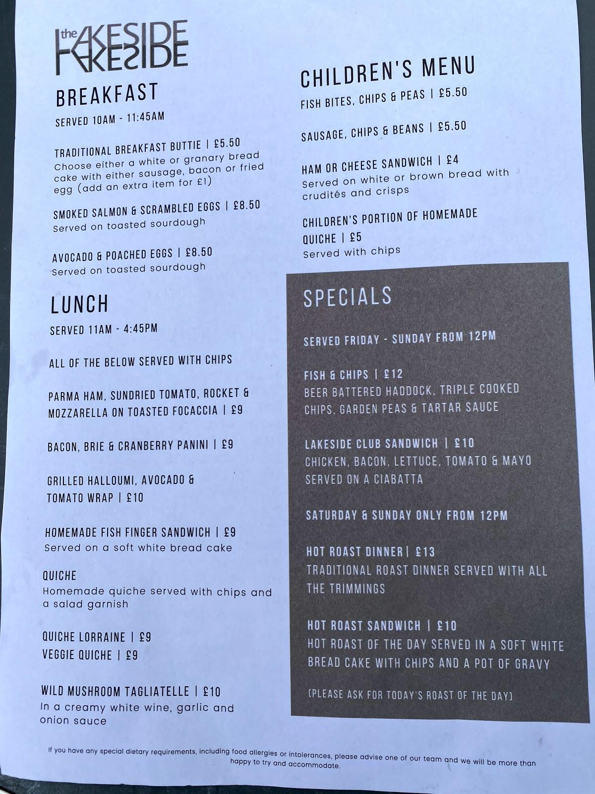 Menu at The Lakeside Café cafe, Leeds