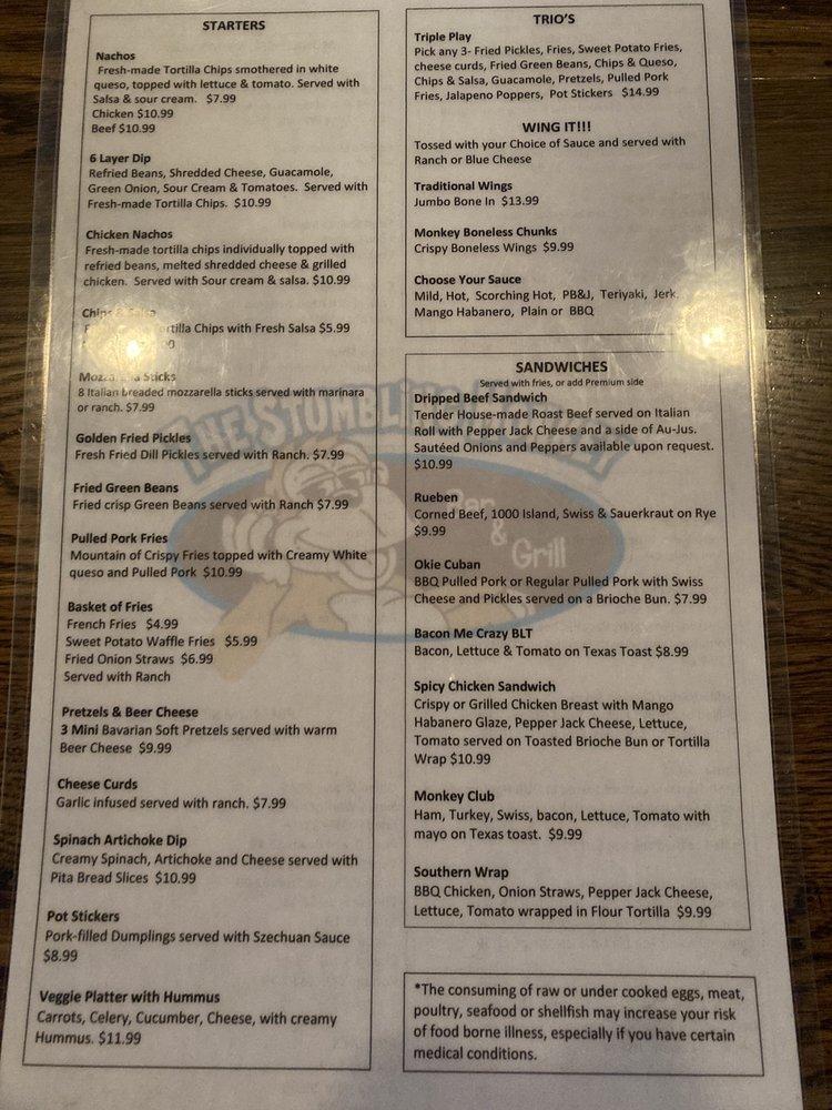 Menu at The Stumbling Monkey Bar & Grill, Tulsa