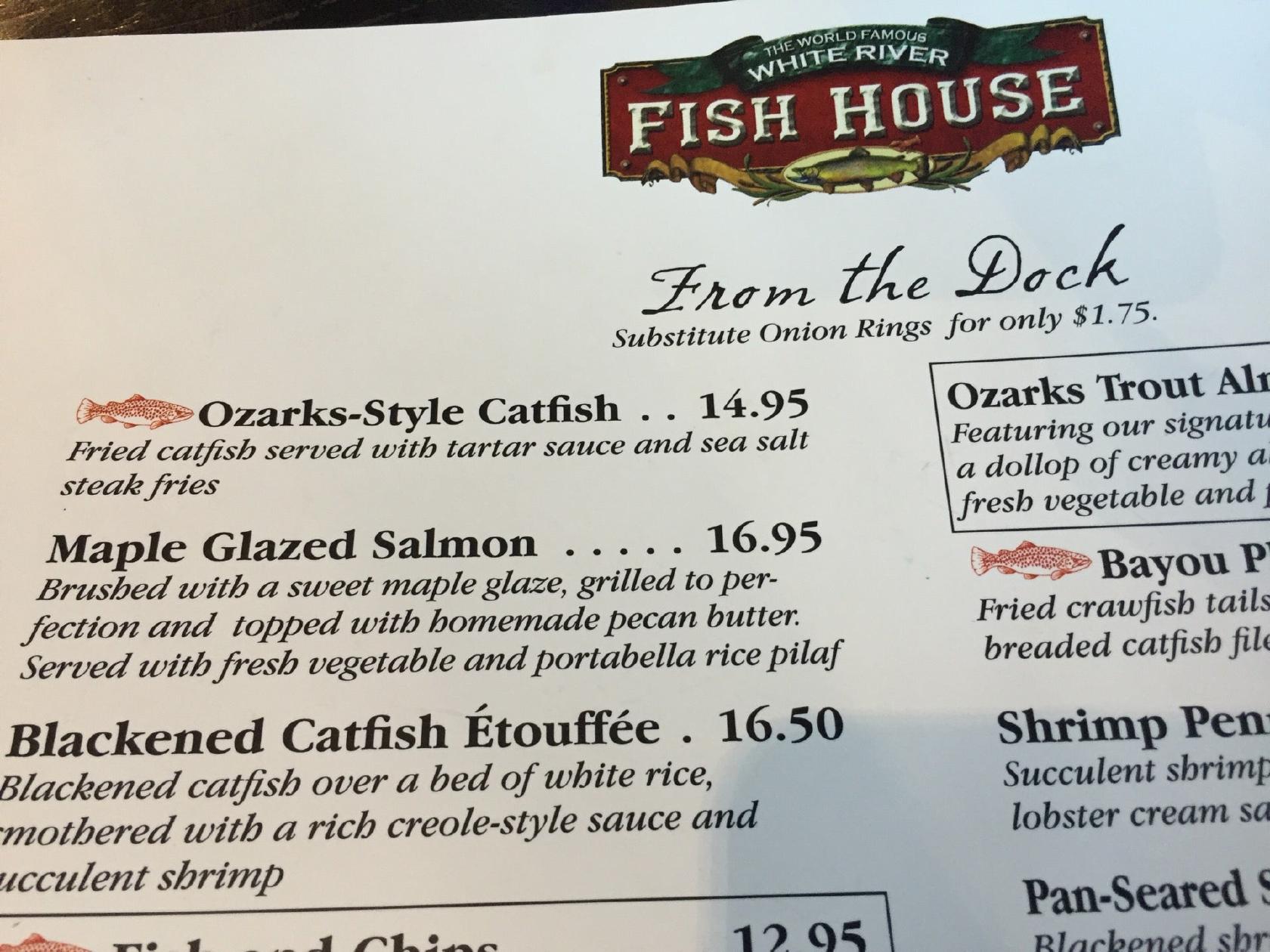 Menu at White River Fish House restaurant, Branson