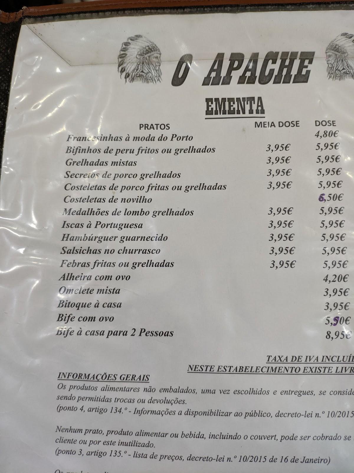 Menu at Apache restaurant, Lisbon