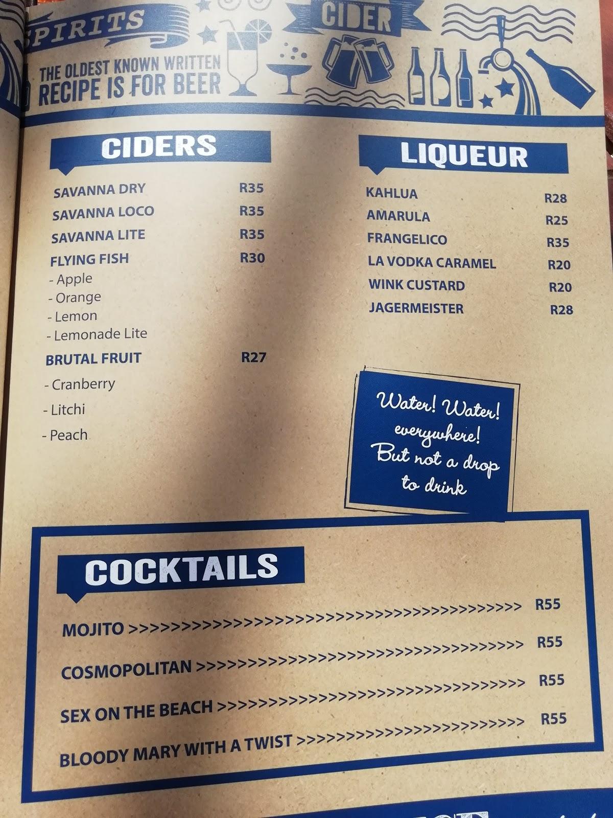 Menu at Kimberley Diamond Brewing Company restaurant, Ritchie