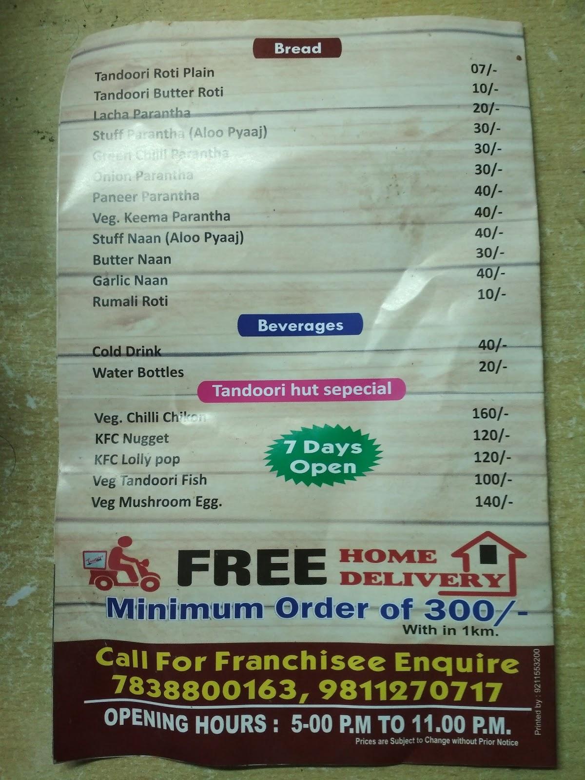Menu at Mr. Singh's Tandoori hut, New Delhi