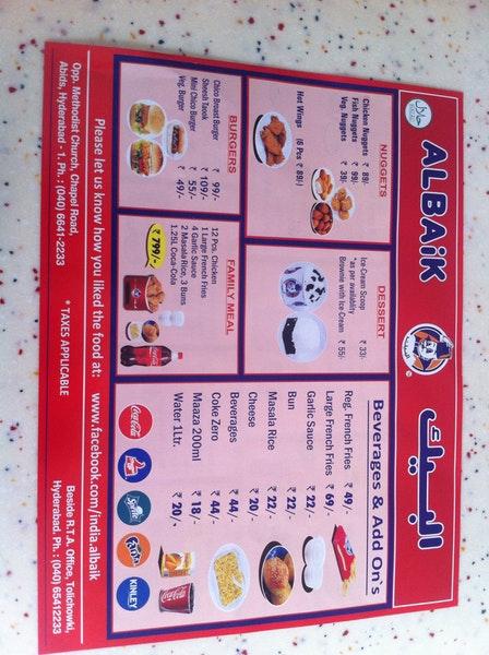 Menu at Al Baik, Hyderabad, Chapel Road