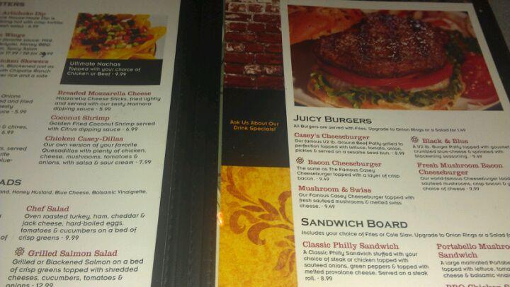 Carta del pub y bar Casey's Grill, Winter Springs