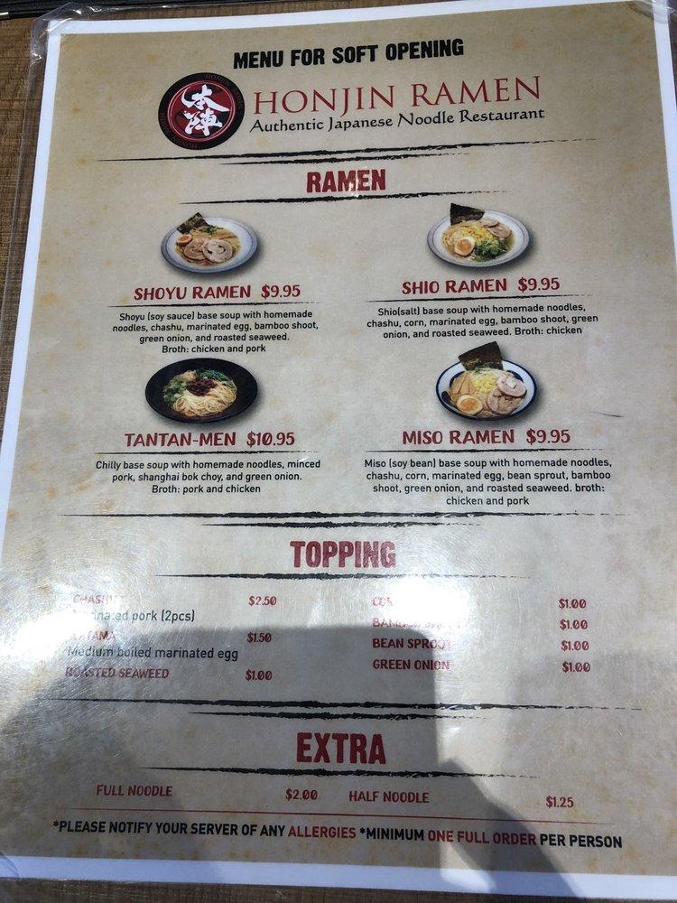 Menu at Honjin Ramen restaurant, Coquitlam