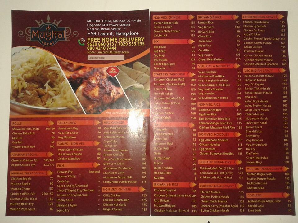 Menu at Mughal Treat, Bengaluru, 27th Main