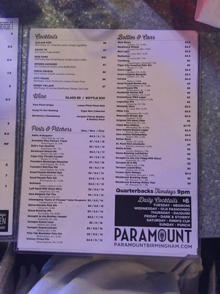 Menu at Paramount Bar, Birmingham