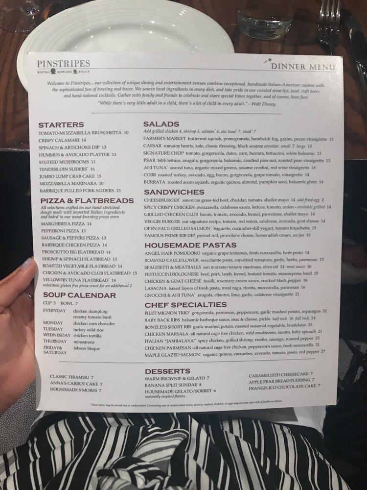 Menu at Pinstripes pub & bar, North Bethesda