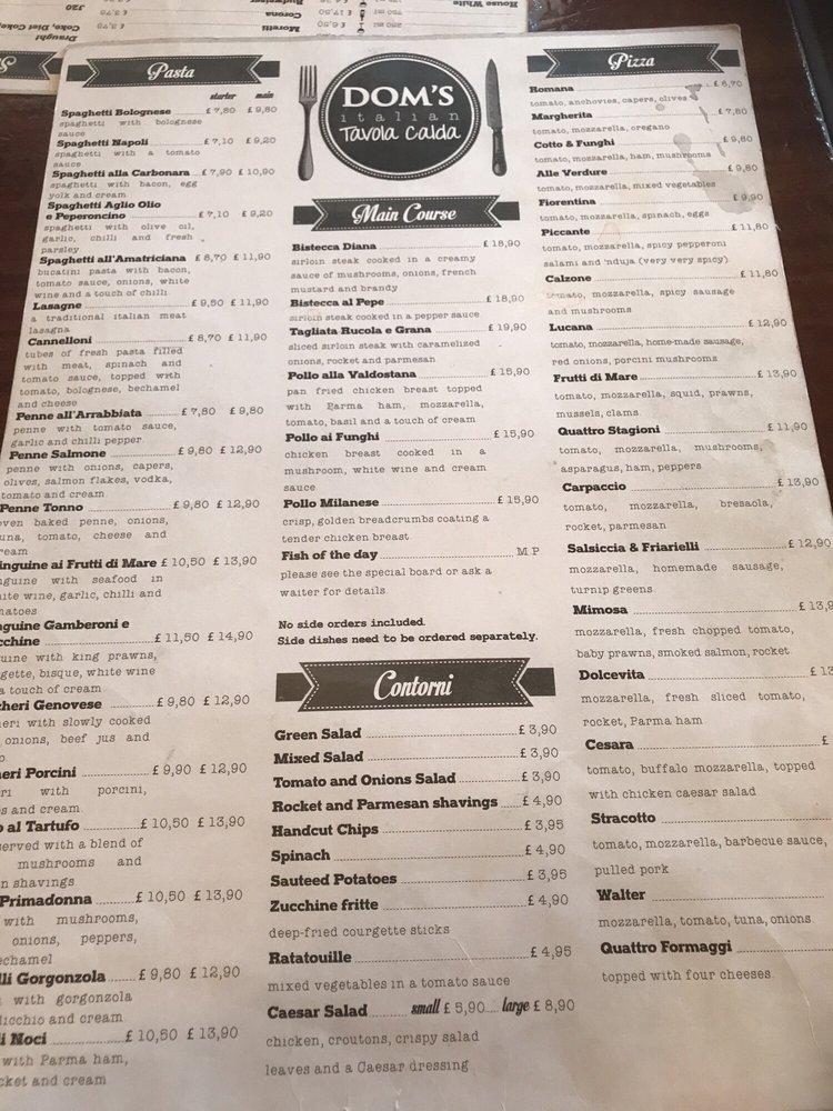 Menu at Dom's Tavola Calda pub & bar, Manchester