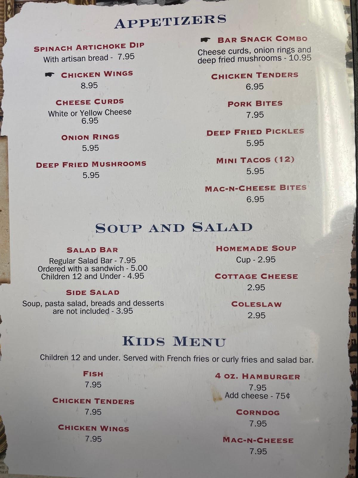 Menu at Old Abe's Supper Club, USA
