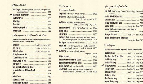 Menu at Rick's Cafe Roux, Denham Springs