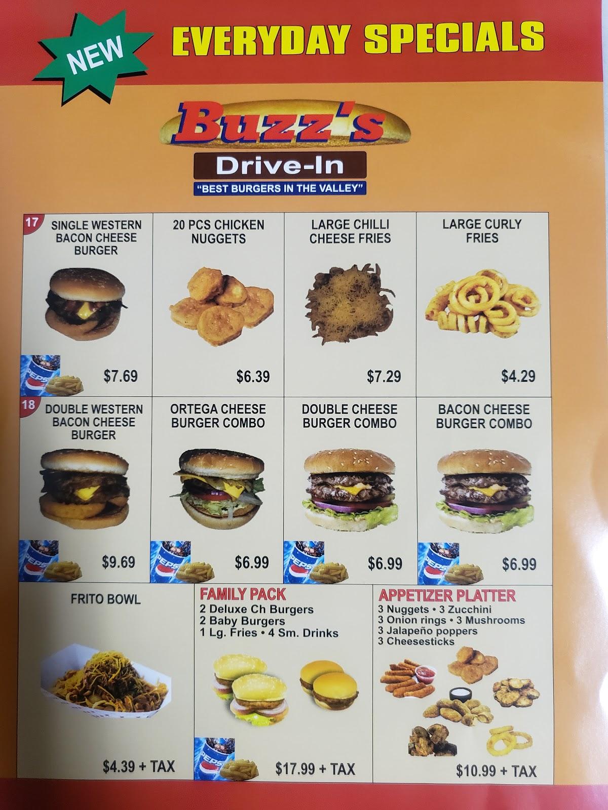 Menu at Buzz's Drive In fast food, Goshen