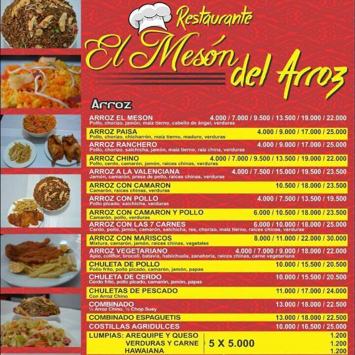 Menu at El Meson Del Arroz restaurant, Santa Rosa de Cabal