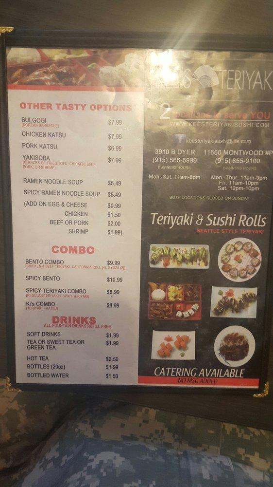 Menu at Kee's Teriyaki & Sushi restaurant, El Paso, Dyer St B