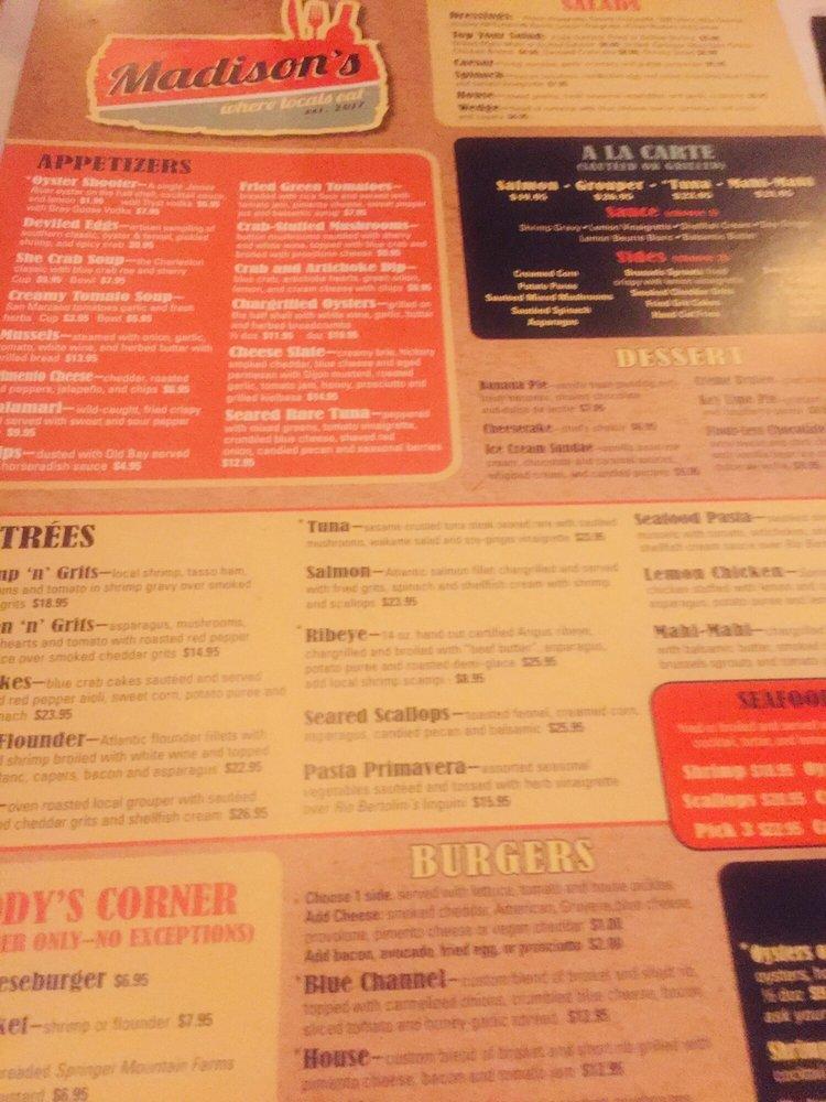 Menu at Madison's restaurant, Port Royal