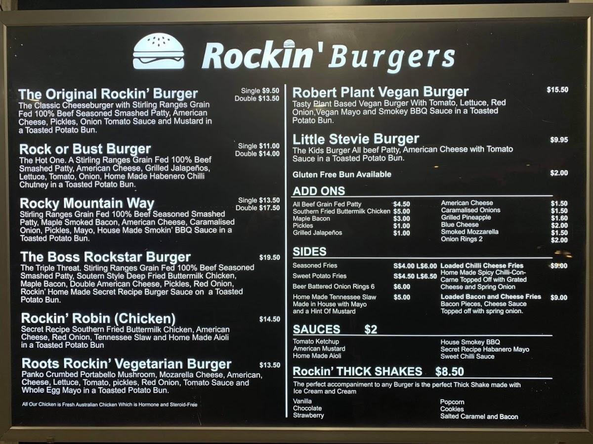 Menu at Rockin' Burgers restaurant, Rockingham