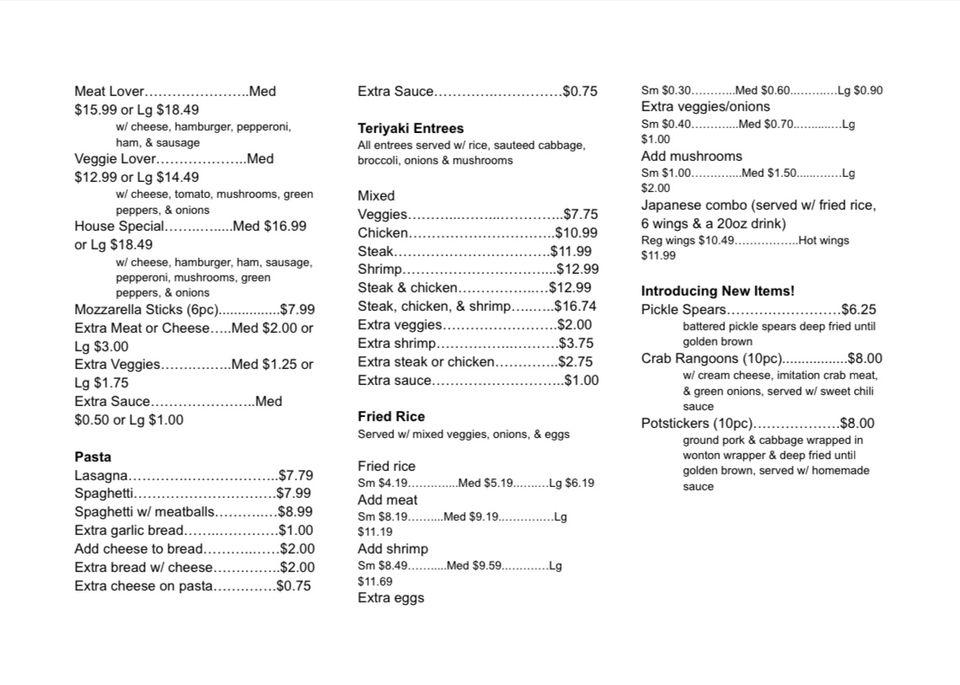 Menu at Steve's Pizza & Hot Subs pizzeria, Carthage