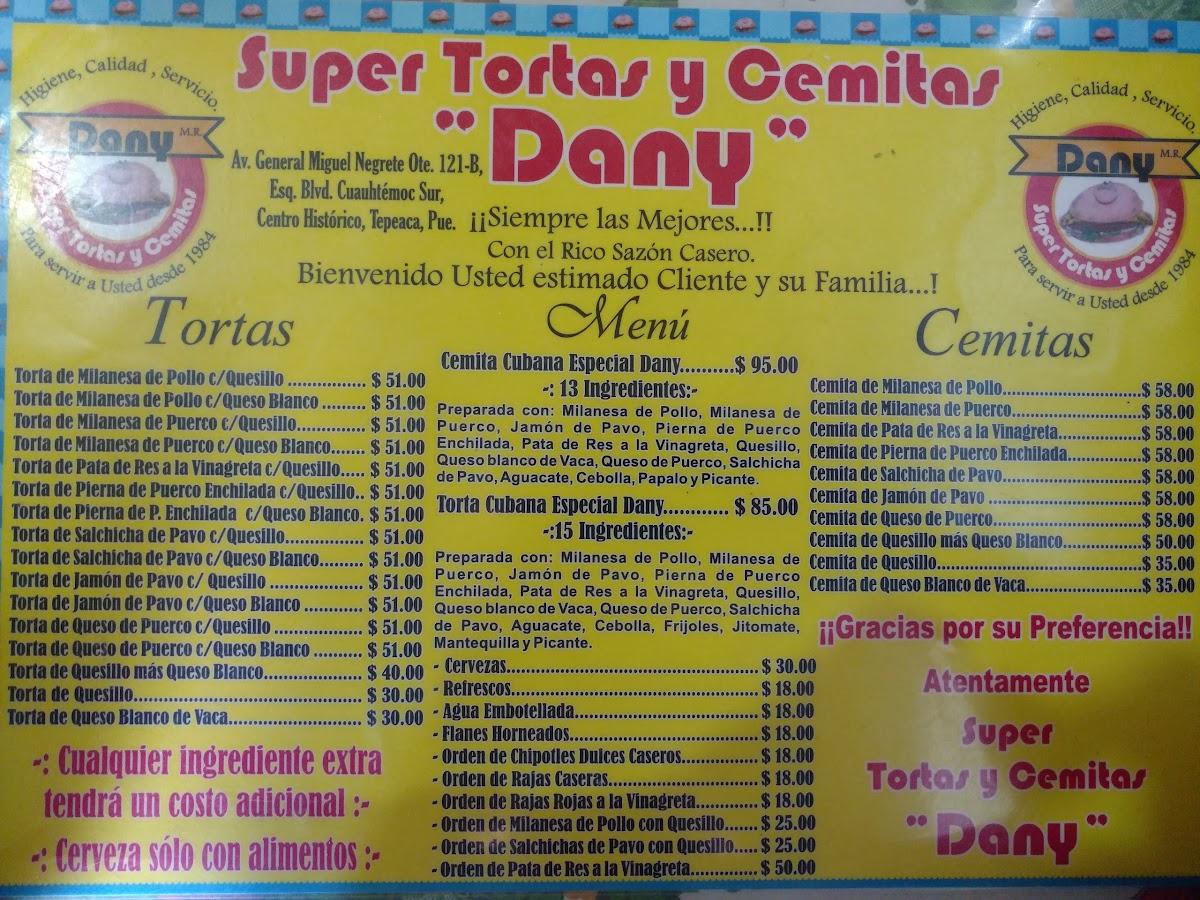Carta del restaurante Super tortas Y Cemitas Dany, Tepeaca