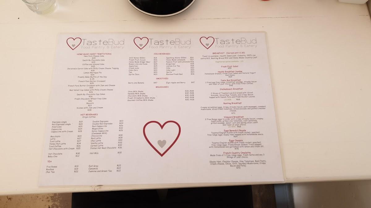 Menu at Taste cafe, Stellenbosch
