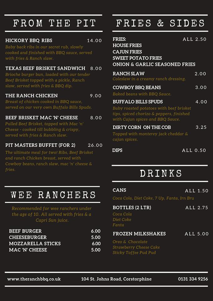 Menu at The Ranch Sighthill BBQ, Edinburgh, 12 Bankhead Ave