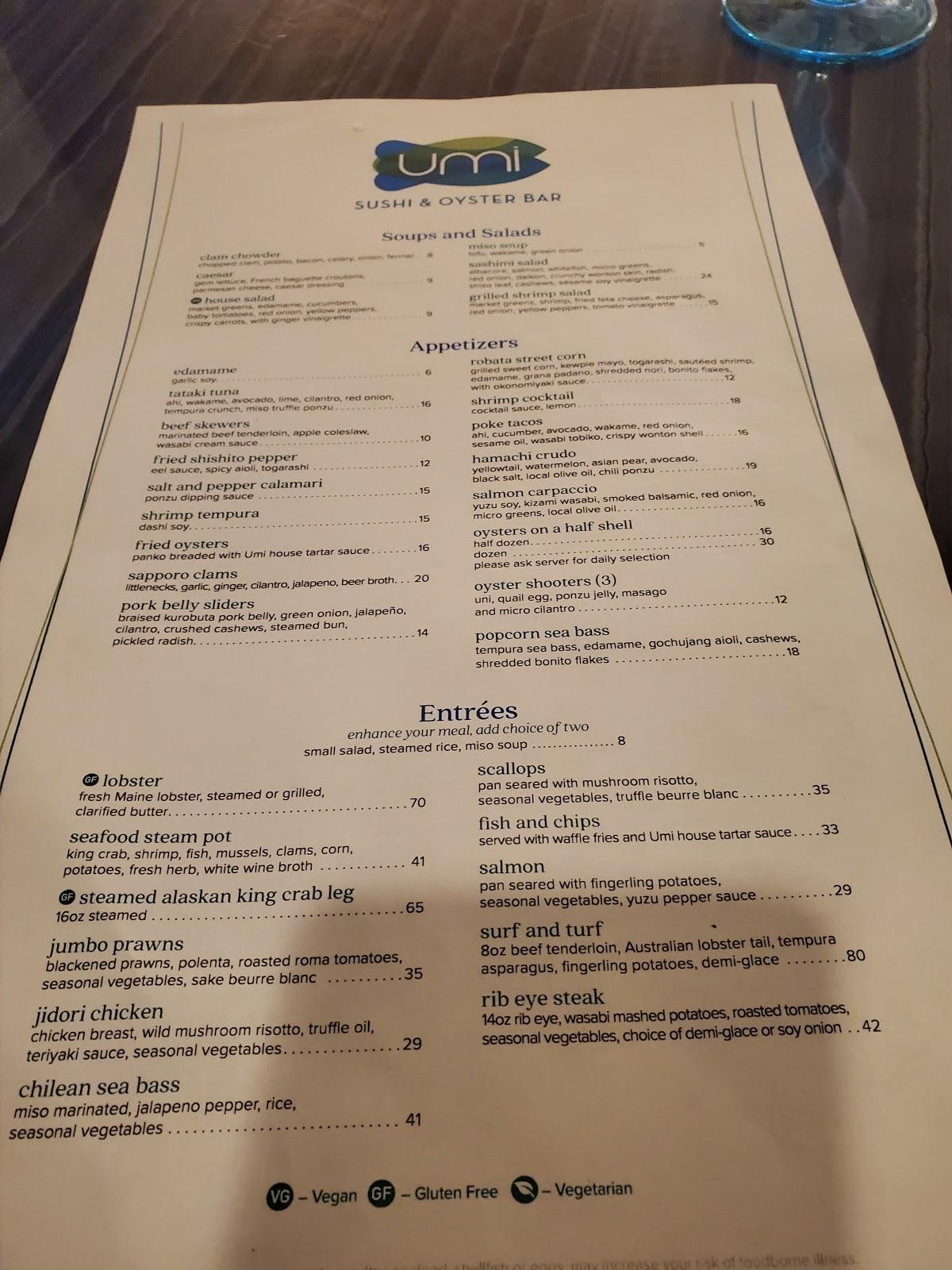 Menu at Umi Sushi and Oyster Bar, Temecula, Pechanga Pkwy