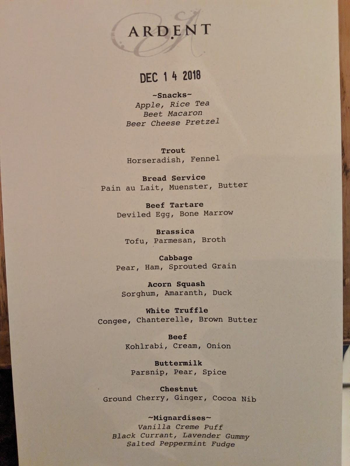 Menu at Ardent restaurant, Milwaukee