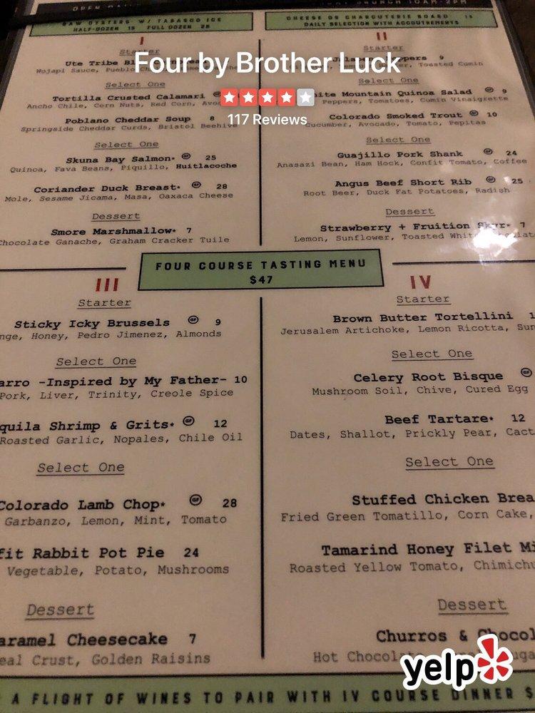 Menu at Four by Brother Luck pub & bar, Colorado Springs, 321 N Tejon St