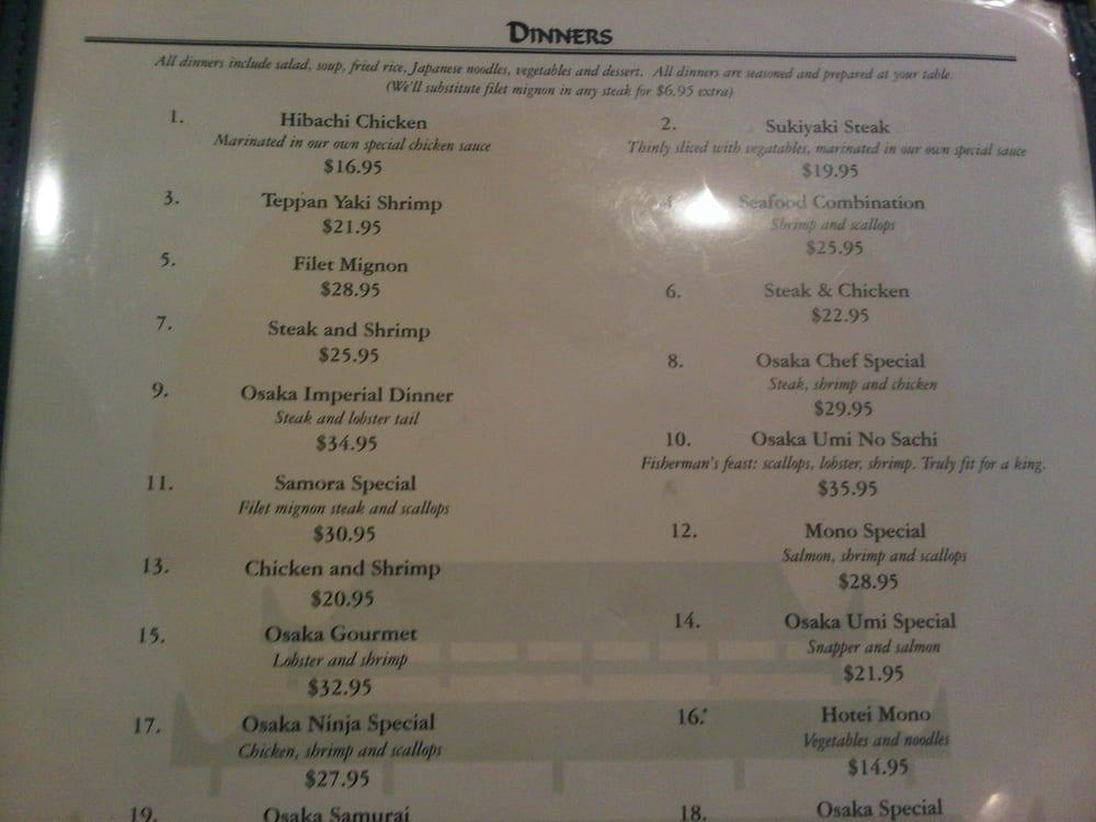 Menu at Osaka Japanese Steak House restaurant, Tallahassee
