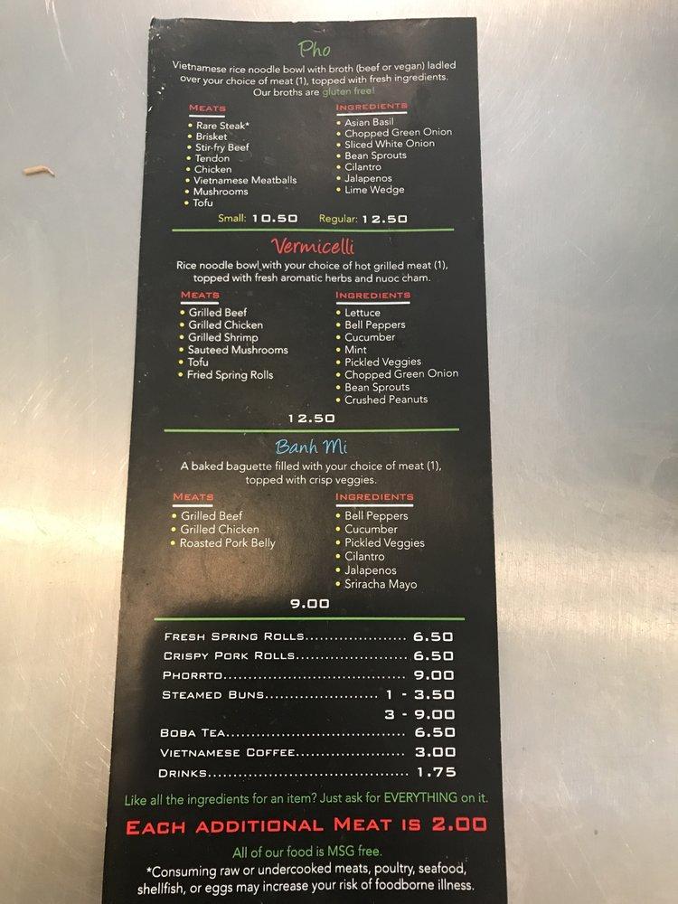 Menu at Pho Real restaurant, Breckenridge