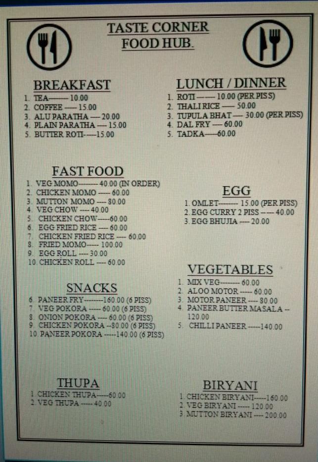 Menu at Taste Corner Food Hub Restaurant, Ledo