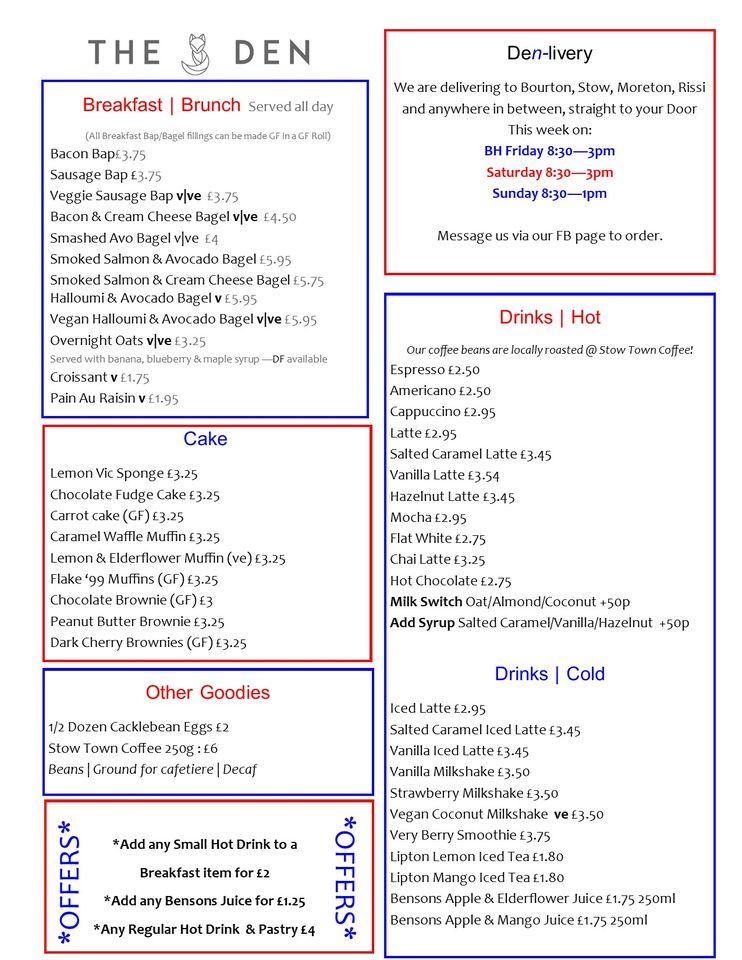 Menu at The Den cafe, Bourton-on-the-Water