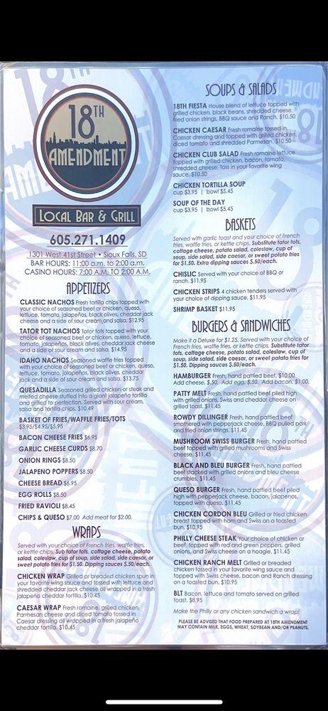 Menu at 18th Amendment Neighborhood Bar, Sioux Falls, W 41st St