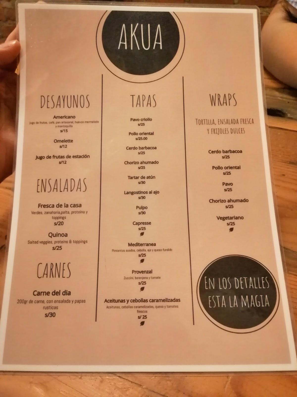 Menu at AKUA restaurant, Lobitos District