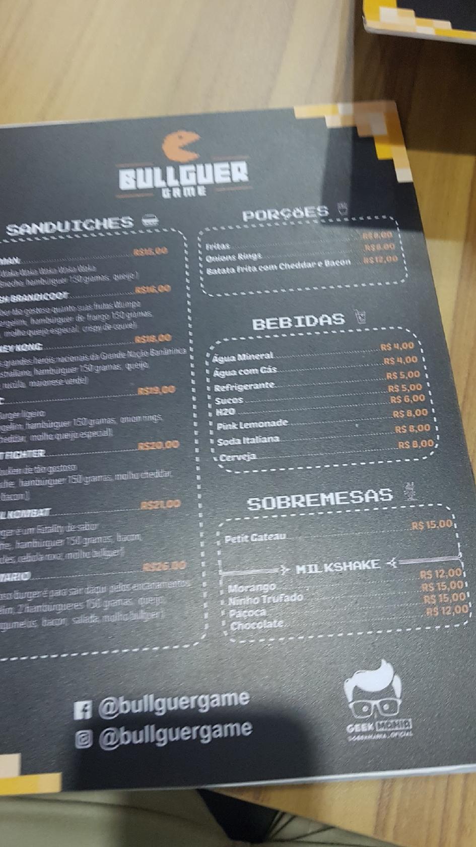 Menu at Bullguer Game restaurant, São Paulo