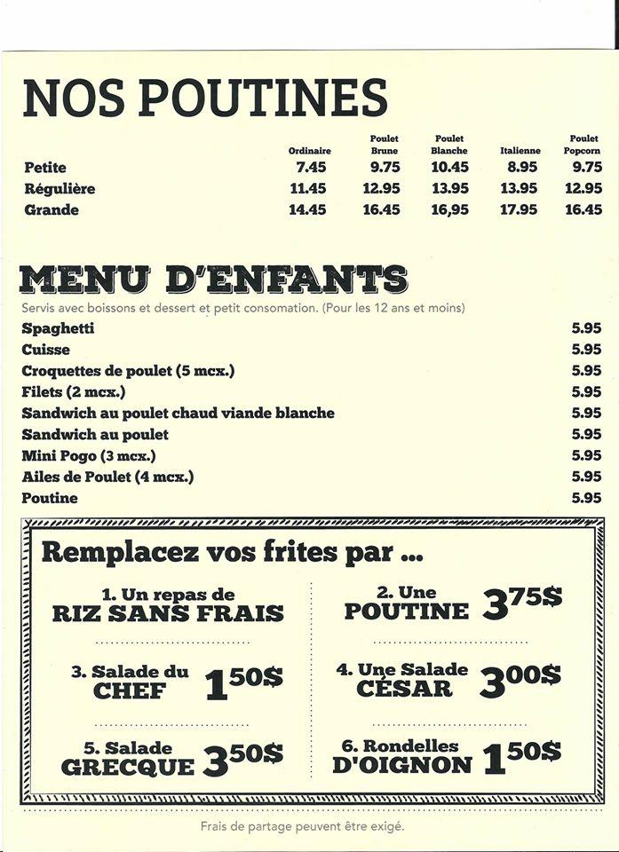 Menu au Coq-o-bec rock forest restaurant, Sherbrooke