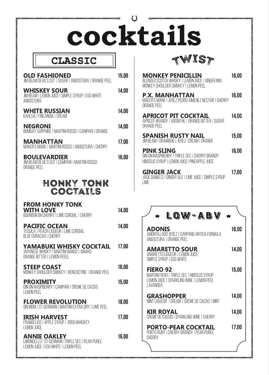 Menu at Honky Tonk Piano Bar, Minsk