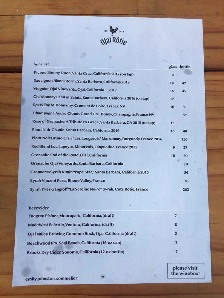 Menu at Ojai Rotie restaurant, Ojai