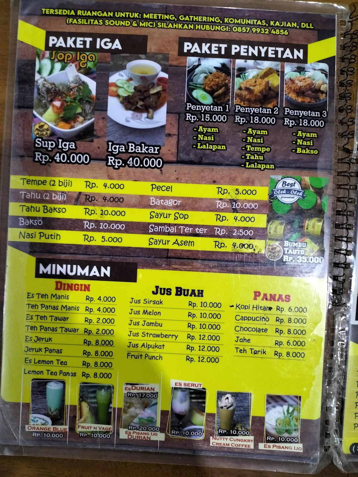 Menu at RM Pande Rasa restaurant, Pekalongan