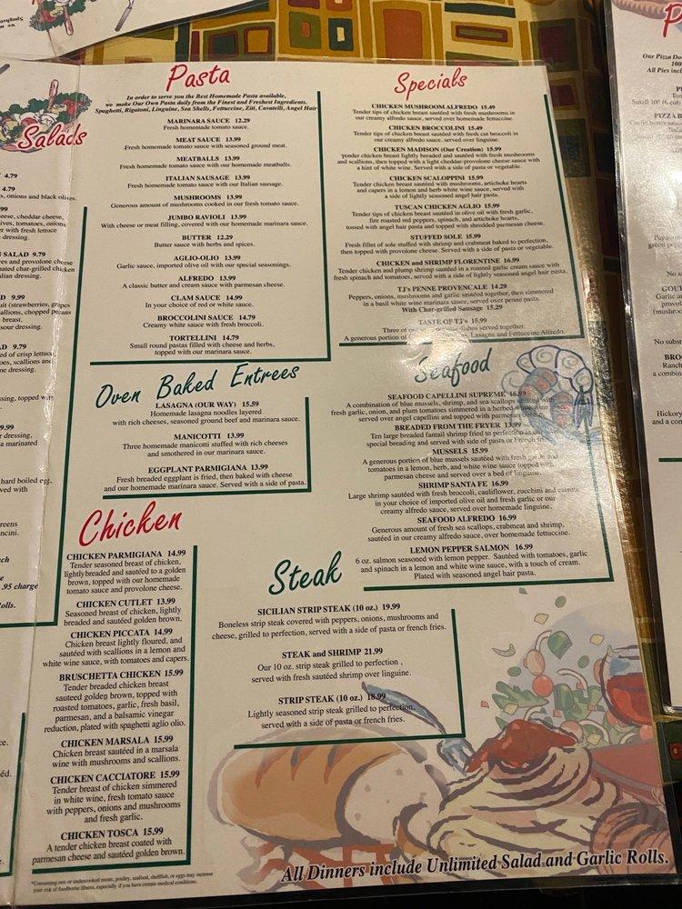 Menu at TJ's On The Avenue restaurant, Mentor