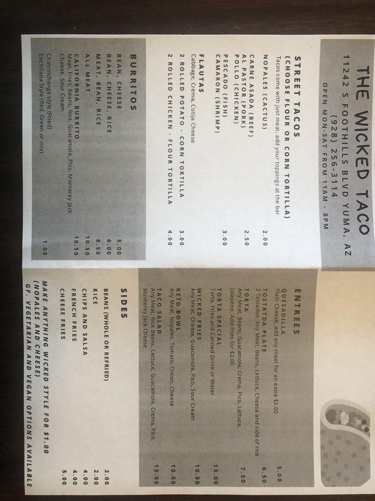 Menu at The Wicked Taco restaurant, Yuma, S Foothills Blvd Suite 11