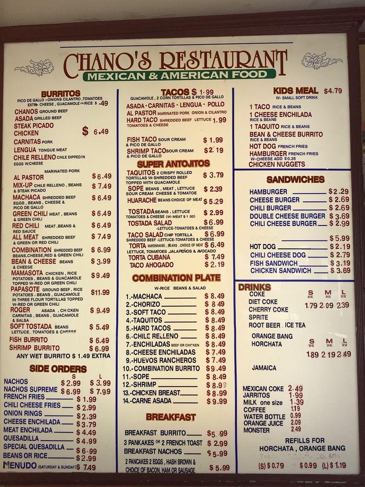 Menu at Chanos Drive-In restaurant, San Gabriel