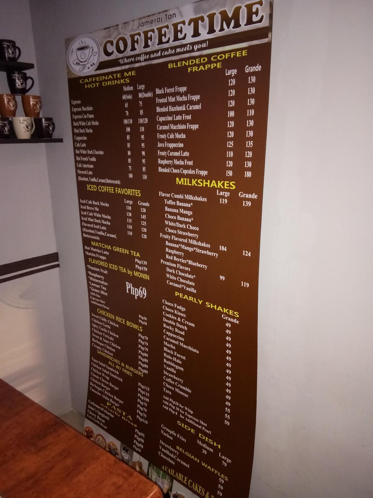 Menu at CoffeeTime cafe, Guiguinto