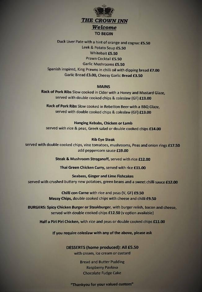 Menu at The Crown Inn at Sydenham pub & bar, Sydenham