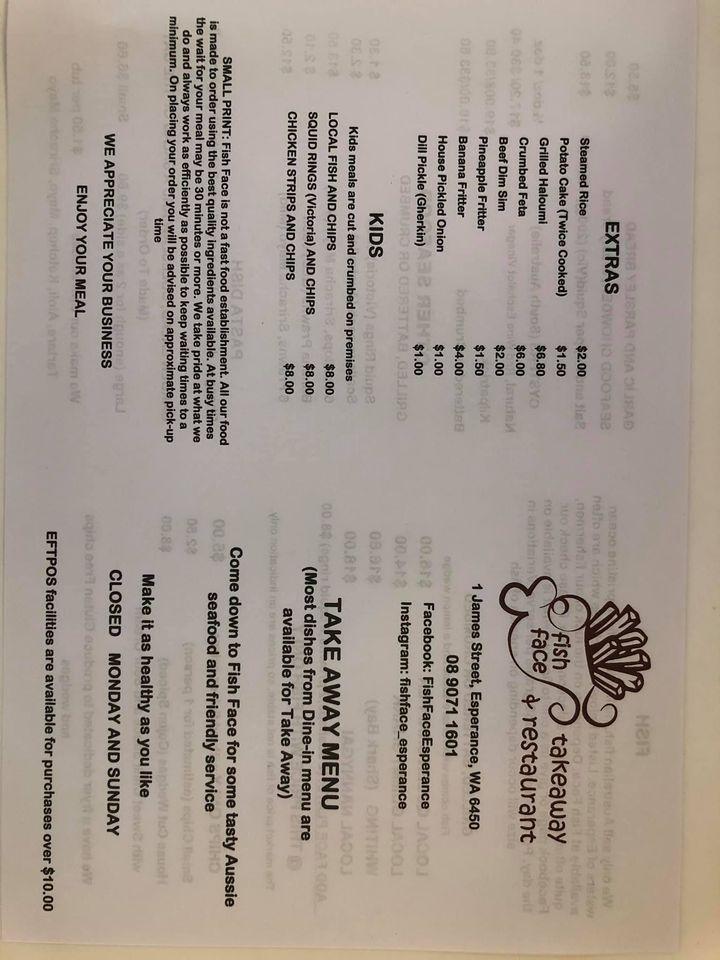 Menu at Fish Face Takeaway and Restaurant, Esperance