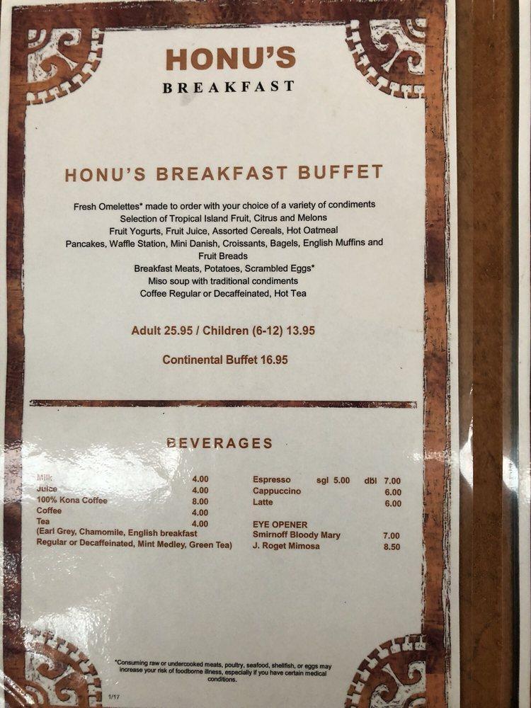 Menu at Honu's on the Beach restaurant, Kailua-Kona