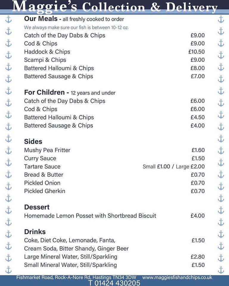 Menu at Maggie's Fish & Chips restaurant, Hastings