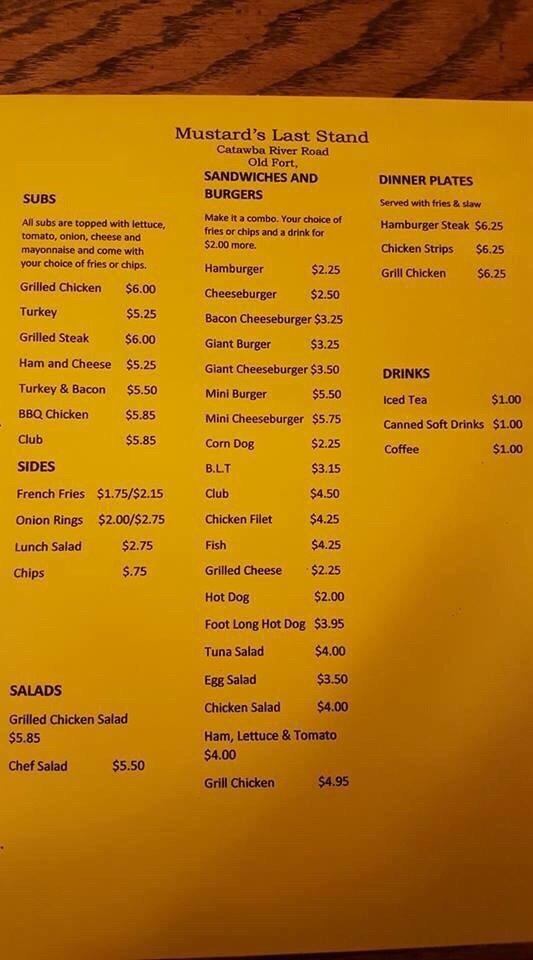 Menu at Mustard's Last Stand restaurant, Old Fort