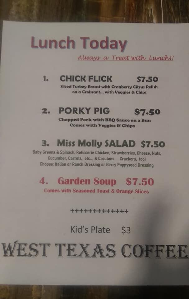 Menu at West Texas Coffee, Dimmitt