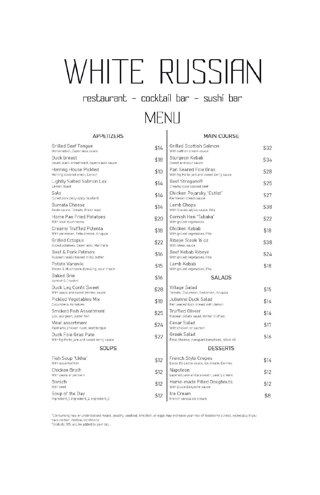 Menu at White Russian restaurant, Aventura