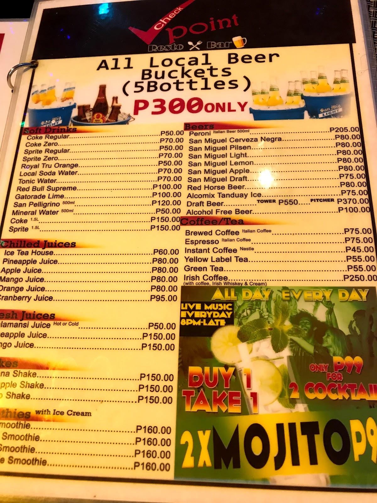 Menu at Checkpoint Resto Bar, Panglao